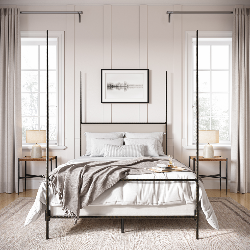 Amity Hand-Forged Iron Four Poster Bed with Cushioned Headboard – Urban ...