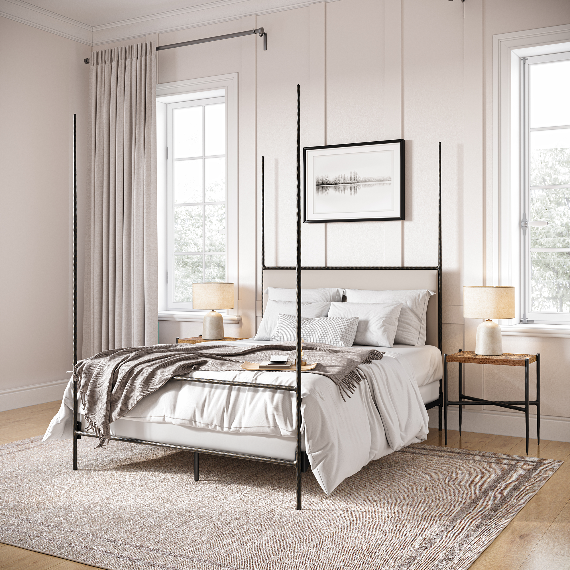 Amity Hand-Forged Iron Four Poster Bed with Cushioned Headboard – Urban ...